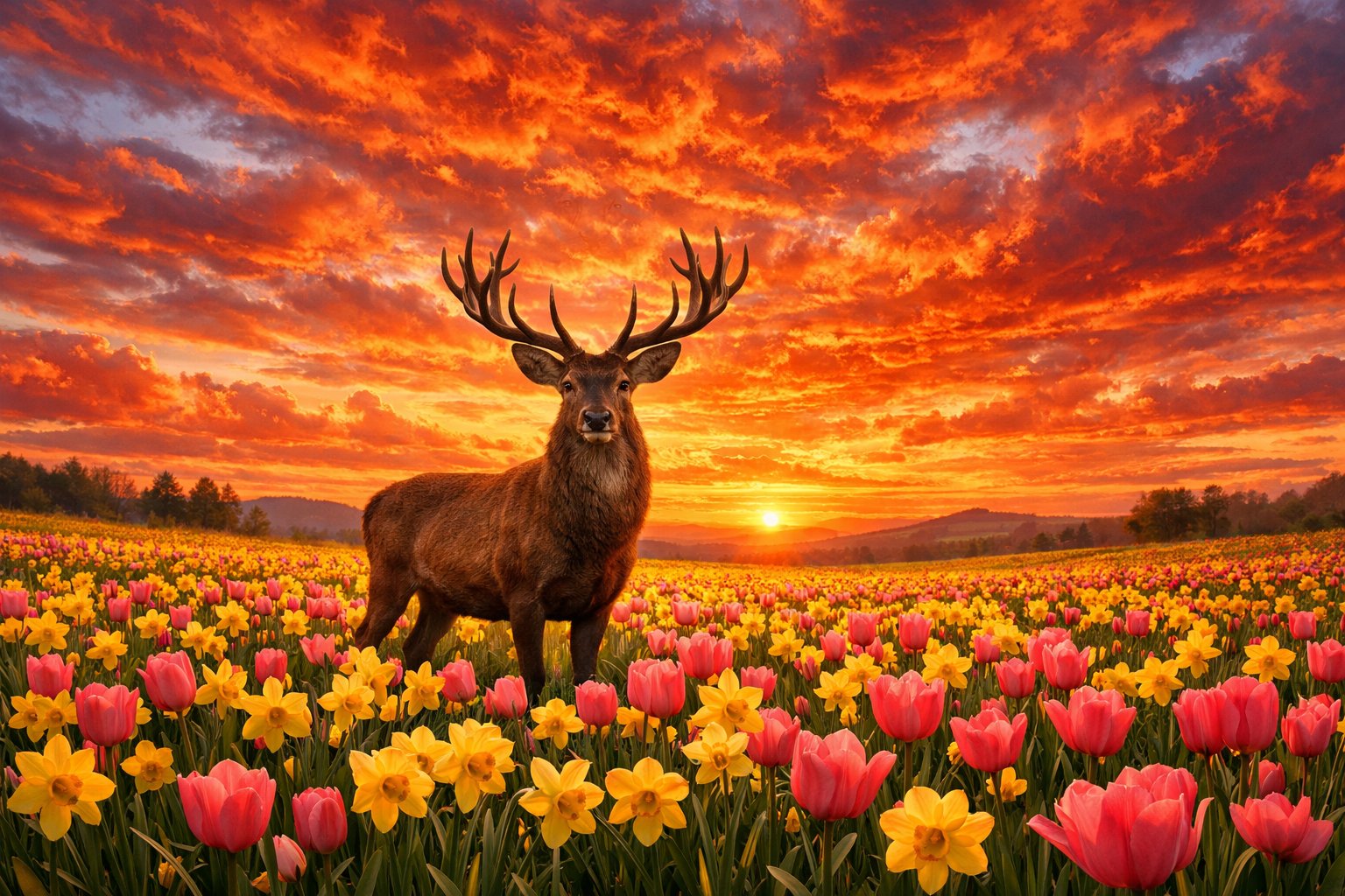 Solve Stag in a flower field at sunset jigsaw puzzle online with 54 pieces