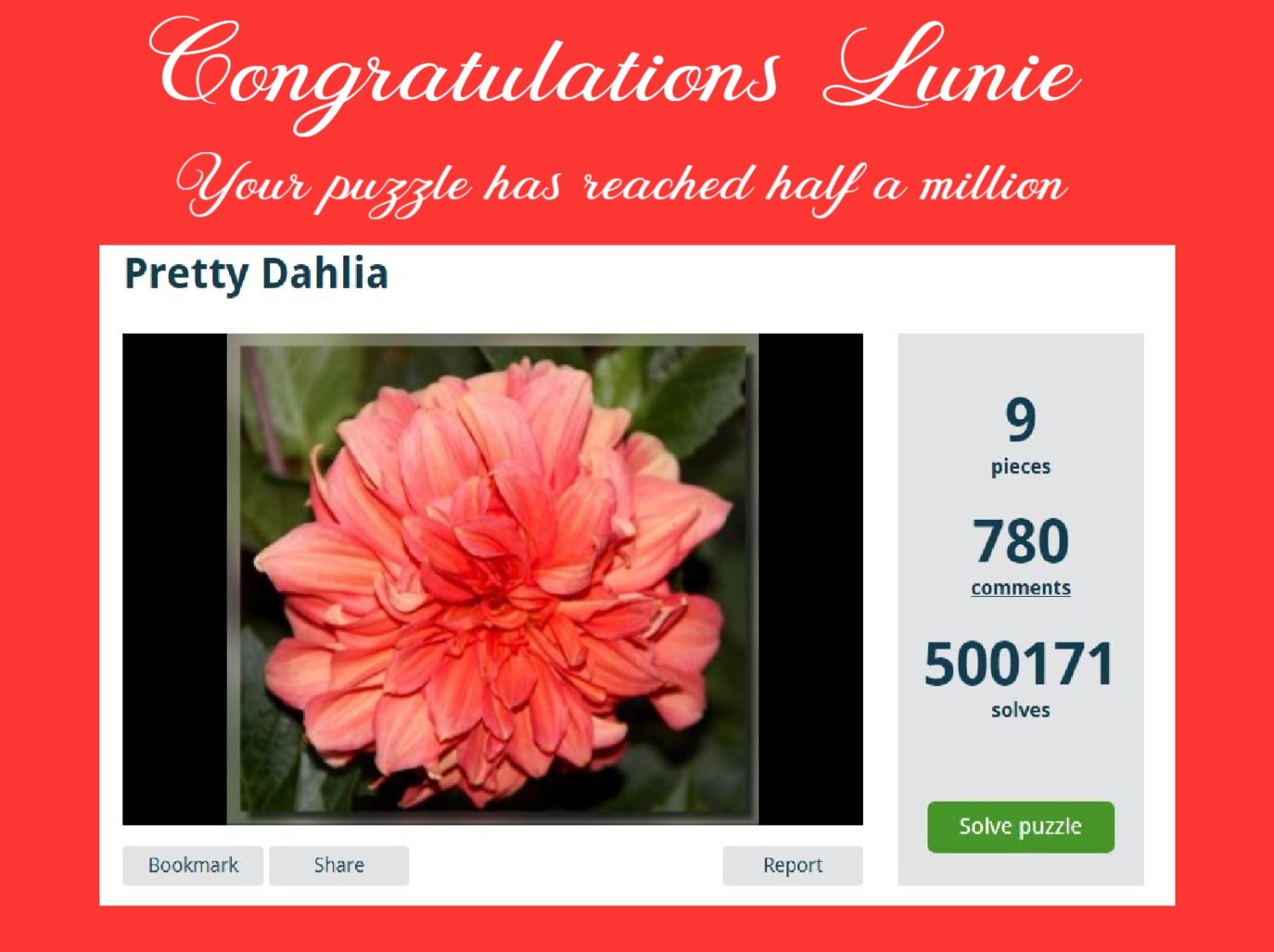 Solve Congratulations Pretty Dahlia jigsaw puzzle online with 12 pieces