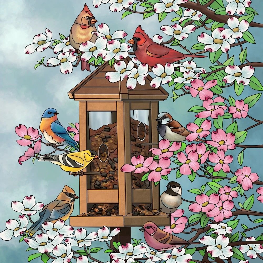 Solve PUZZLE - Birds At The Feeder jigsaw puzzle online with 49 pieces