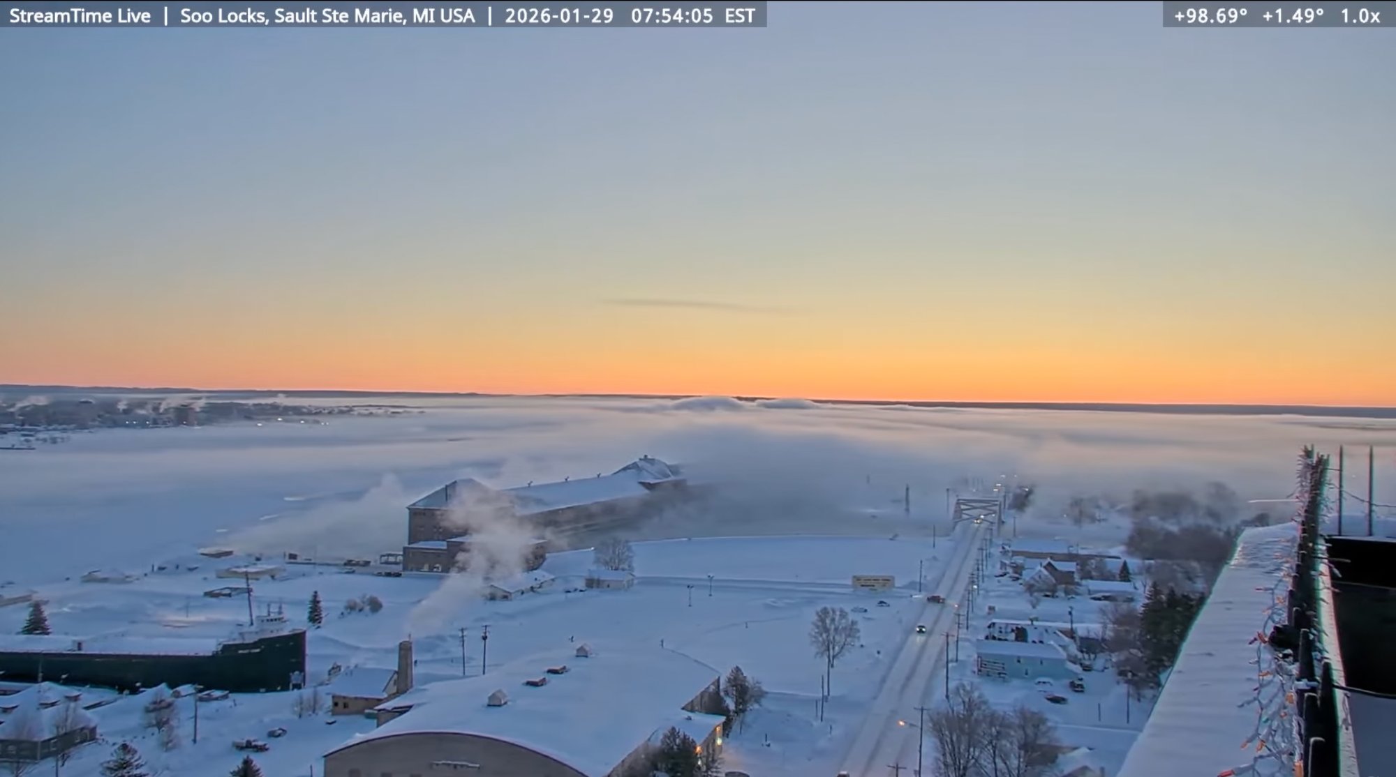 Solve Snowy Soo locks predawn in the deep freeze with fog 2026-01-29 at ...