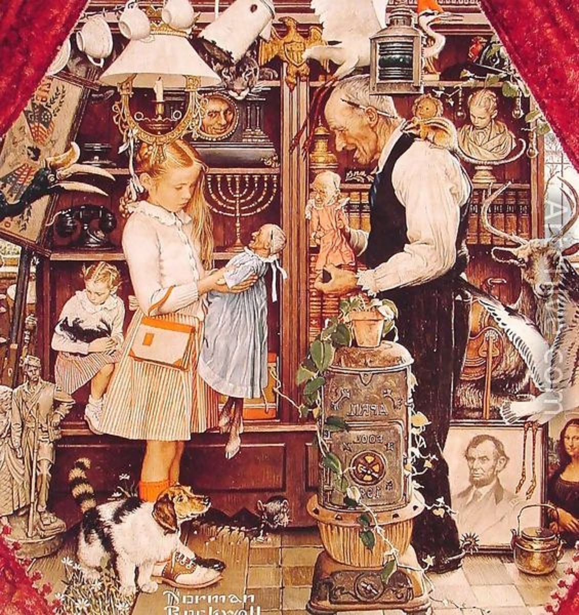 Solve April Fools With The Shopkeeper by Norman Rockwell jigsaw puzzle online with 132 pieces