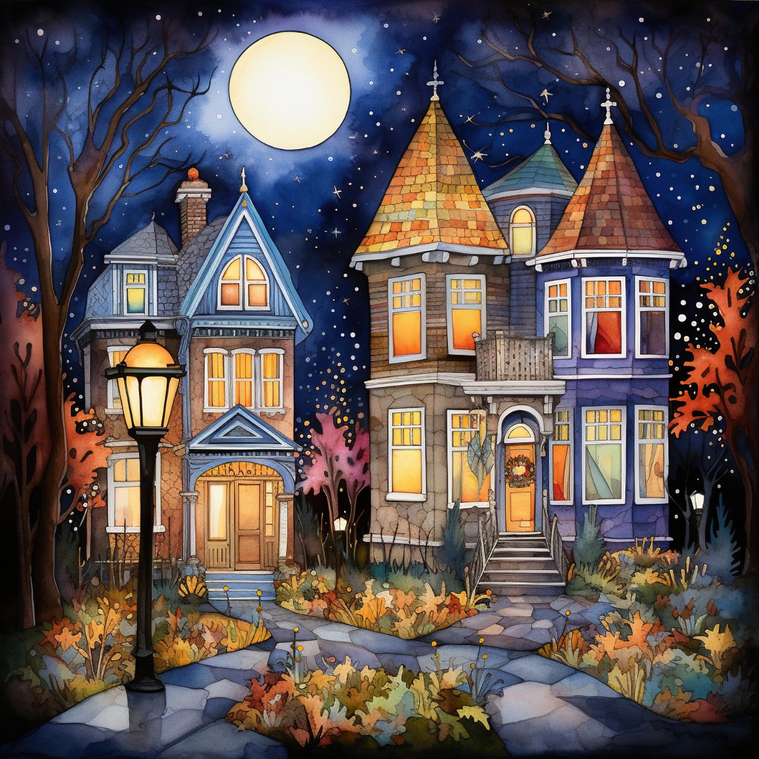 Solve Watercolor Cozy Night jigsaw puzzle online with 121 pieces