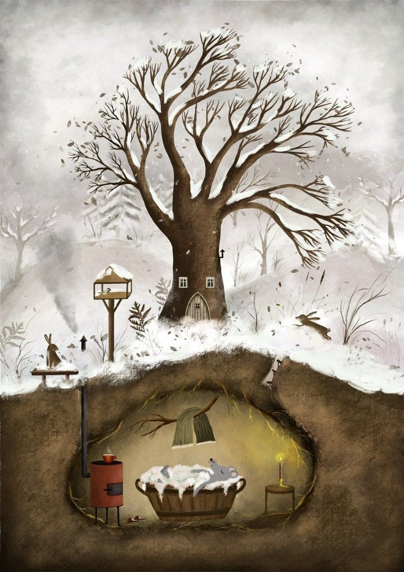 Solve Seasonal Folk Art - Winter - Whimsical Tree Root house Mousehole ...