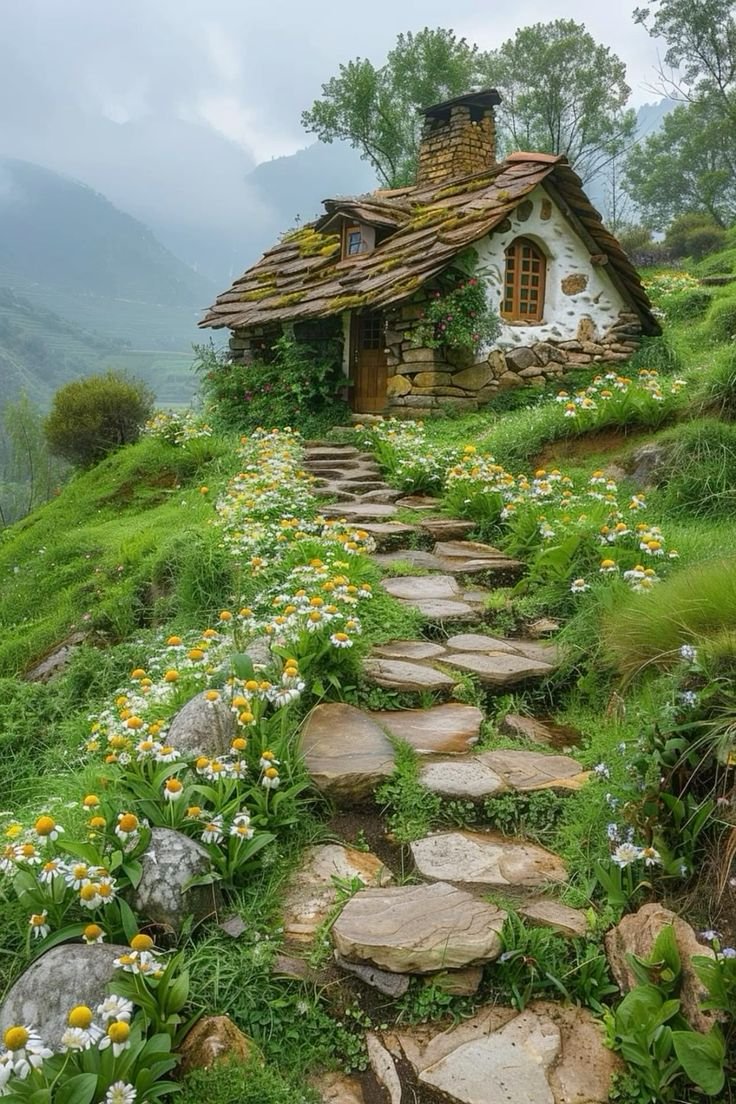 Solve Stone Path to a Mountain Cottage jigsaw puzzle online with 54 pieces