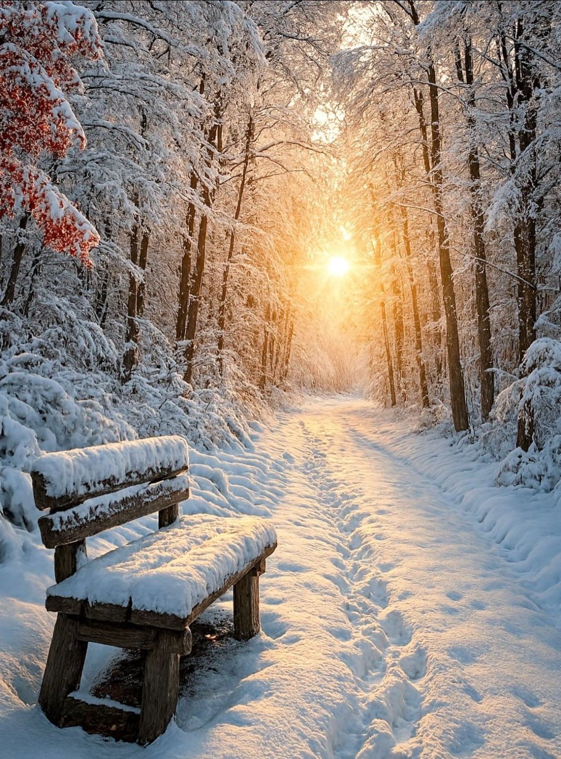 Solve Snow Covered Bench at Sunset jigsaw puzzle online with 63 pieces