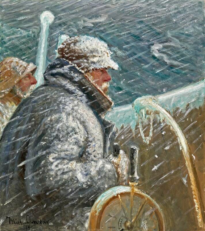 Solve Michael Ancher—Captain Hart at the helm in a snowstorm, 1914 ...