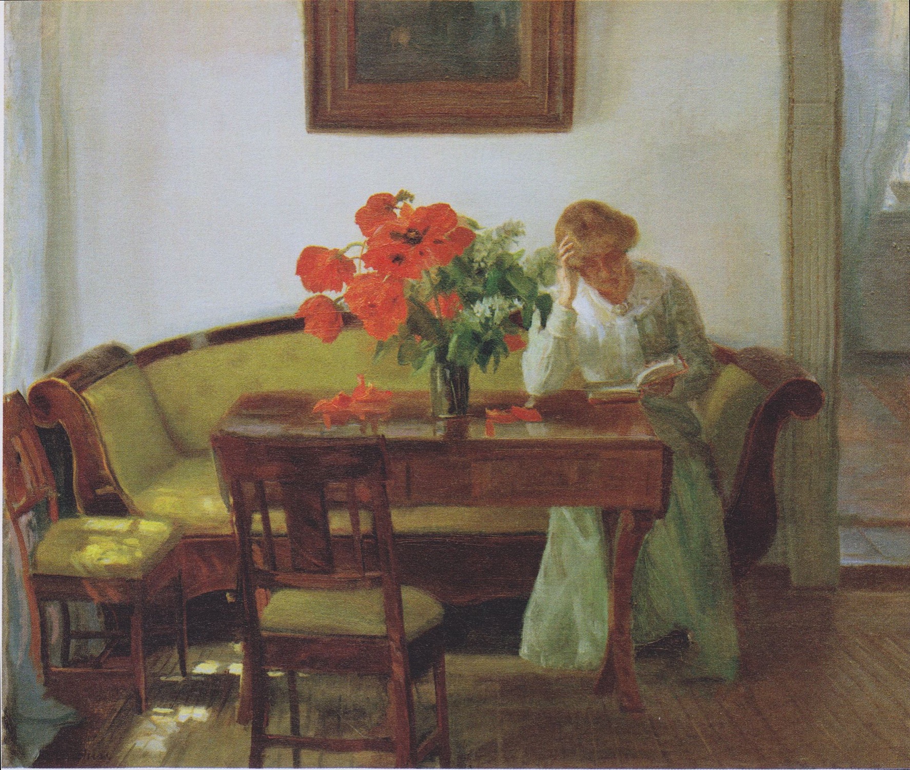 Solve Anna Ancher - Interior with poppies and reading woman jigsaw ...