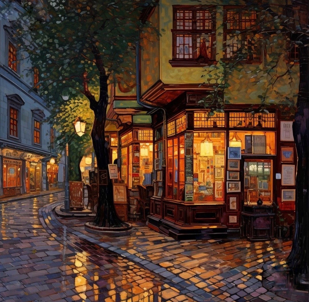 Solve Rainy night and a book store jigsaw puzzle online with 144 pieces