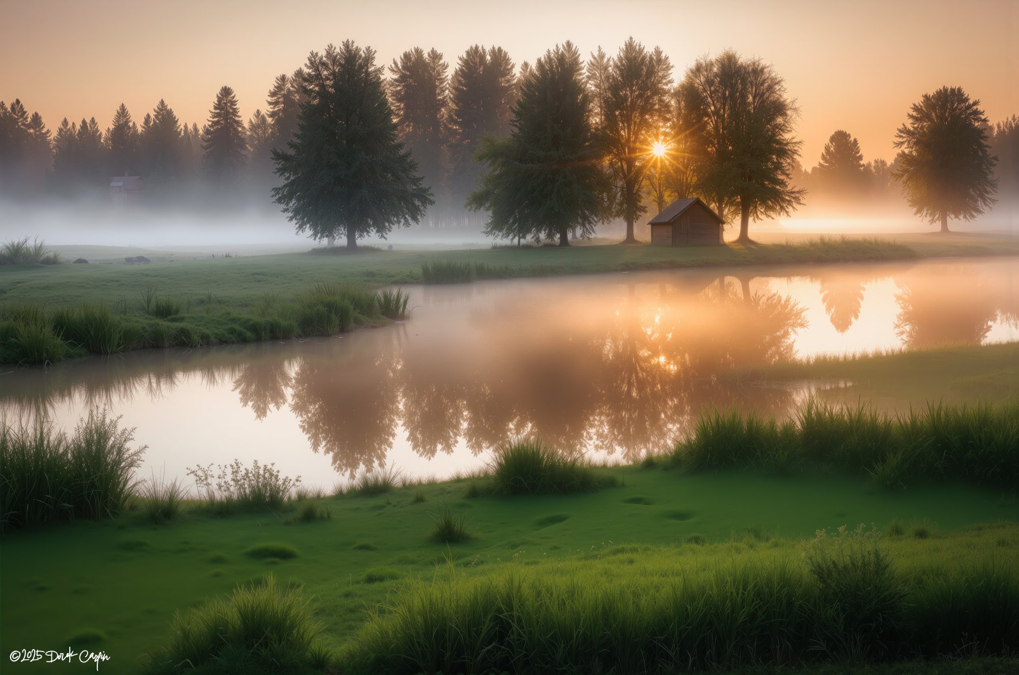 Solve The Duck Pond at Sunrise jigsaw puzzle online with 77 pieces