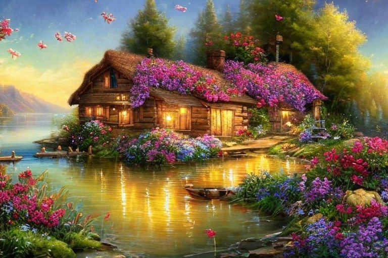 Solve Lit log cabin by the lake jigsaw puzzle online with 77 pieces