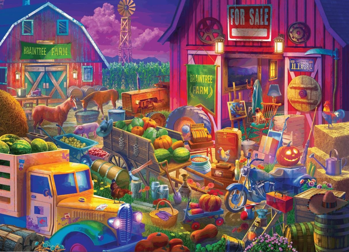 Solve Dusk at the Barn Sale jigsaw puzzle online with 96 pieces