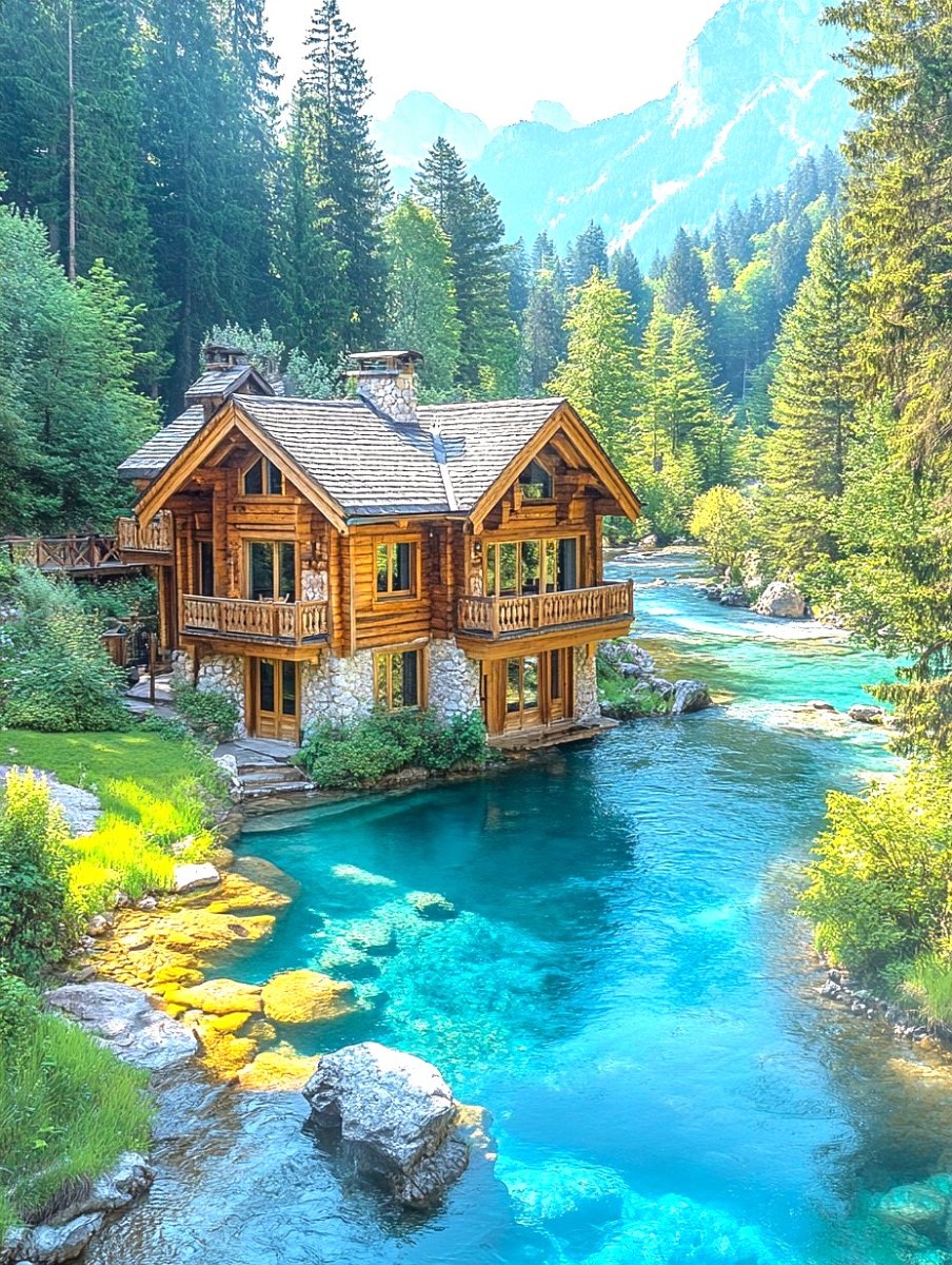 Solve Nice Cabin by the Mountain Stream..... jigsaw puzzle online with ...