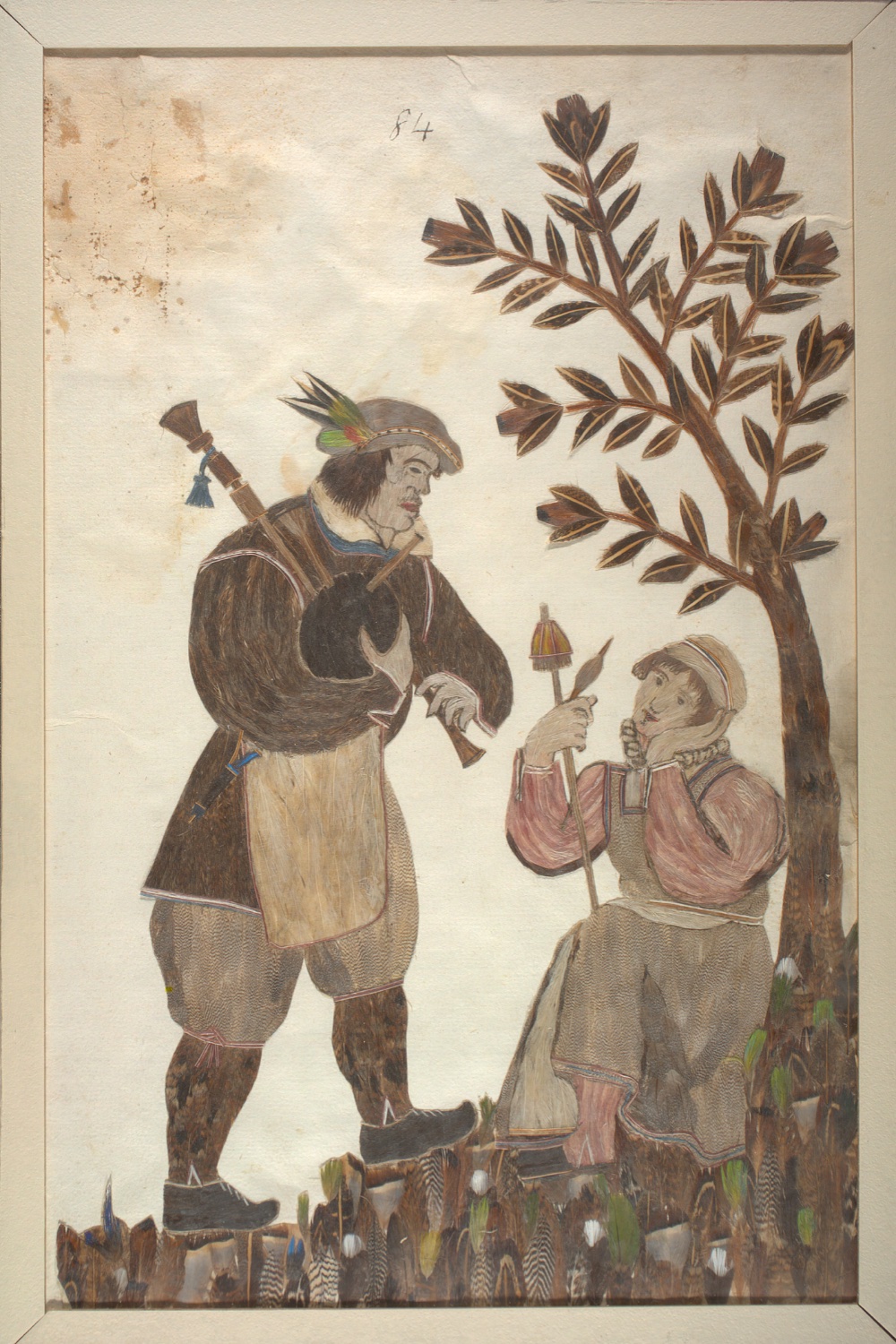 Solve A woman holding a hand spindle and listening to a man playing the ...
