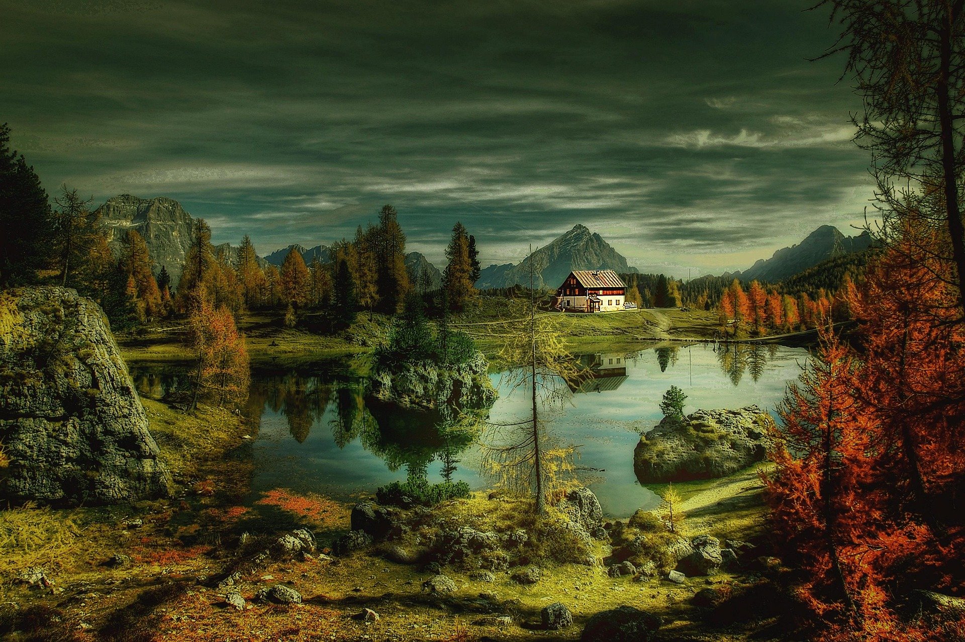 Solve Lake Federa, a alpine lake located in the Italian Dolomites, near ...