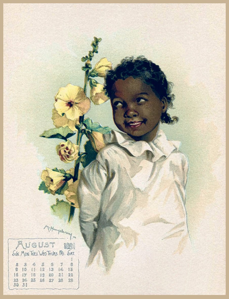Solve Little Girl with Hollyhocks, 'August'. 1891, calendar page by ...