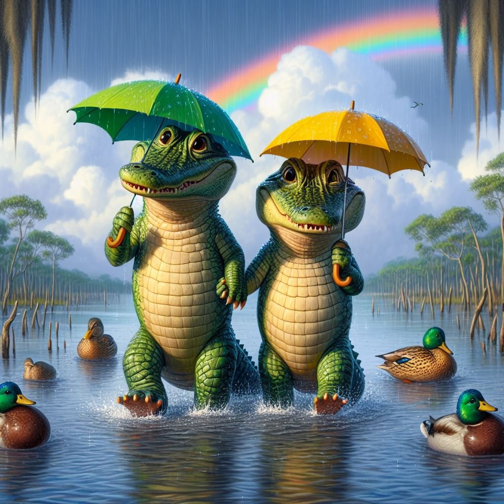 Solve Alligators strolling in the rain jigsaw puzzle online with 64 pieces