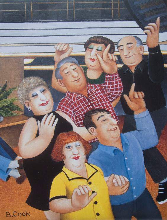 Solve Beryl Cook - The Lambweth Walk jigsaw puzzle online with 88 pieces