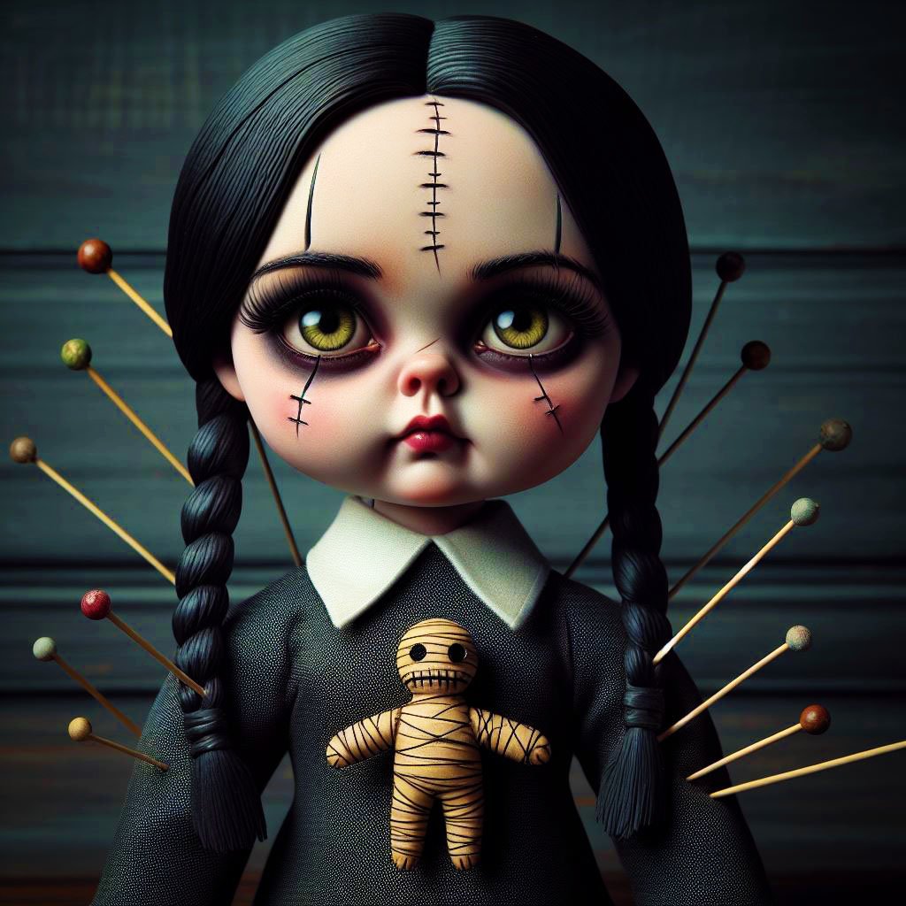 Solve Wednesday Addams voodoo doll jigsaw puzzle online with 64 pieces