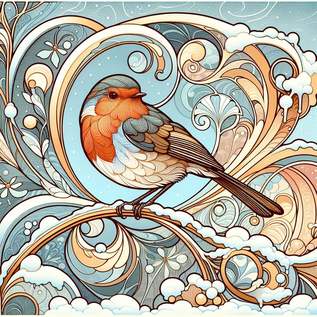 Solve Mucha's style with a robin in winter #2 jigsaw puzzle online with ...