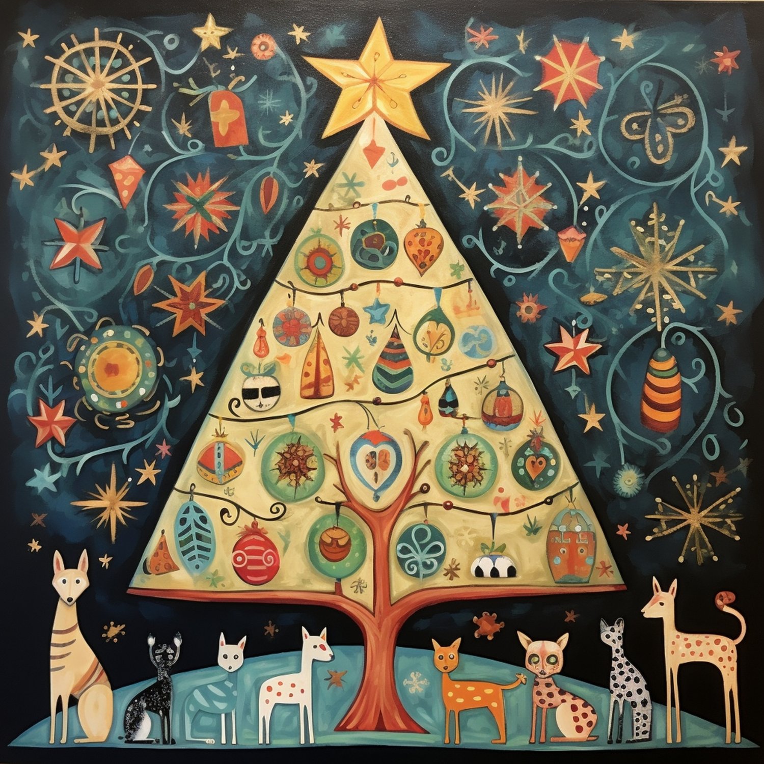 Solve folk art animal Christmas tree jigsaw puzzle online with 64 pieces
