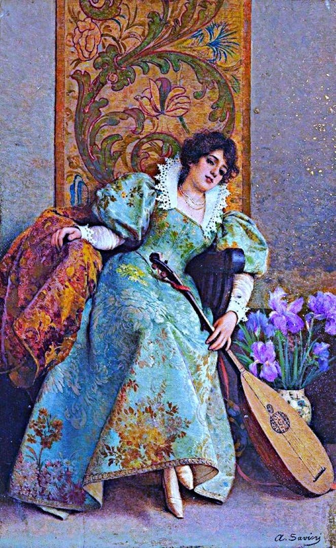 Solve Young lady with lute jigsaw puzzle online with 135 pieces