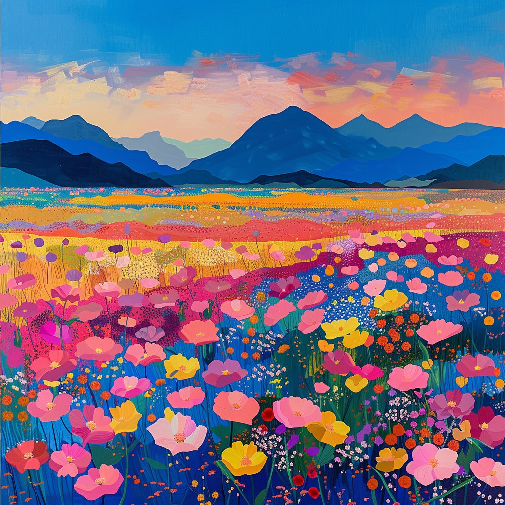 Puzzle | 121 pièces | a colorful painting with large flower fields and ...
