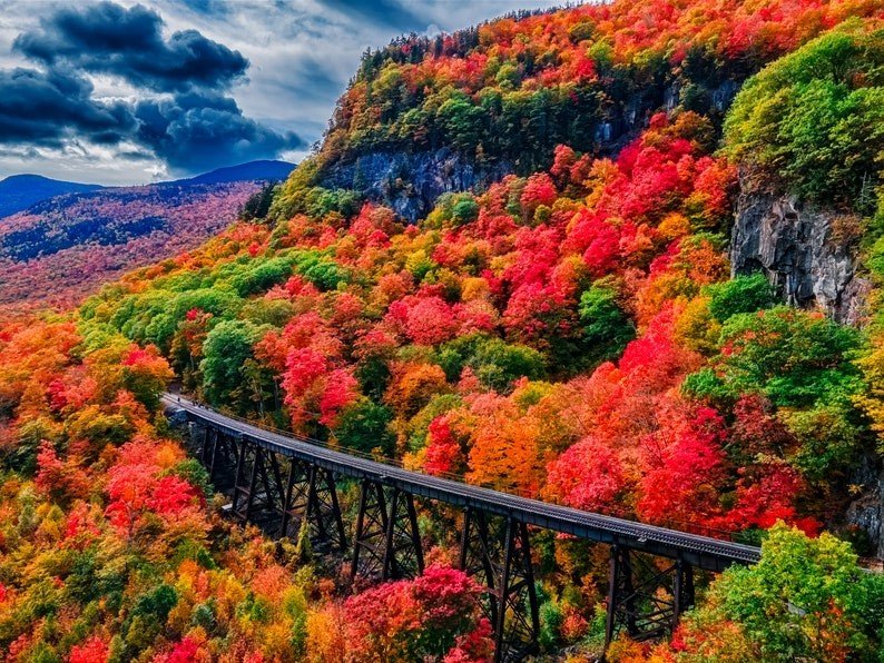 Solve New Hampshire Fall, Crawford Notch Train Trestle jigsaw puzzle ...