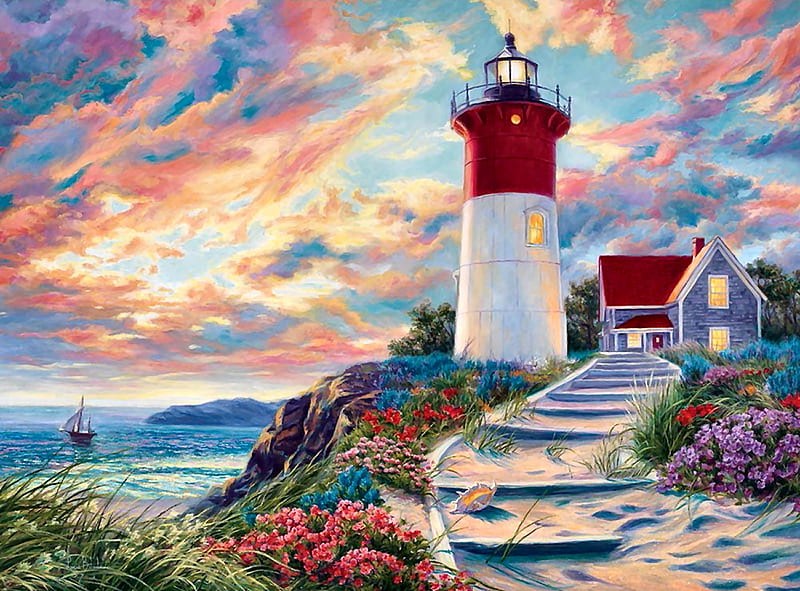 Solve Lighthouse at sunset jigsaw puzzle online with 70 pieces
