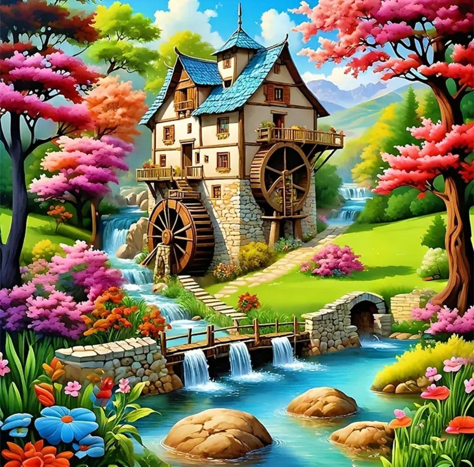 Solve Waterwheel Cottage jigsaw puzzle online with 81 pieces