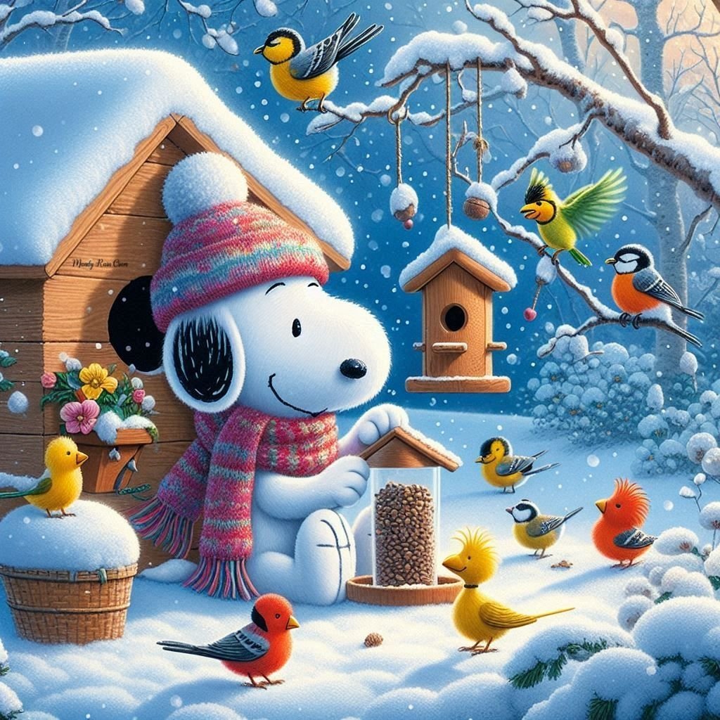 Solve Snoopy Feed the Birds Day jigsaw puzzle online with 64 pieces