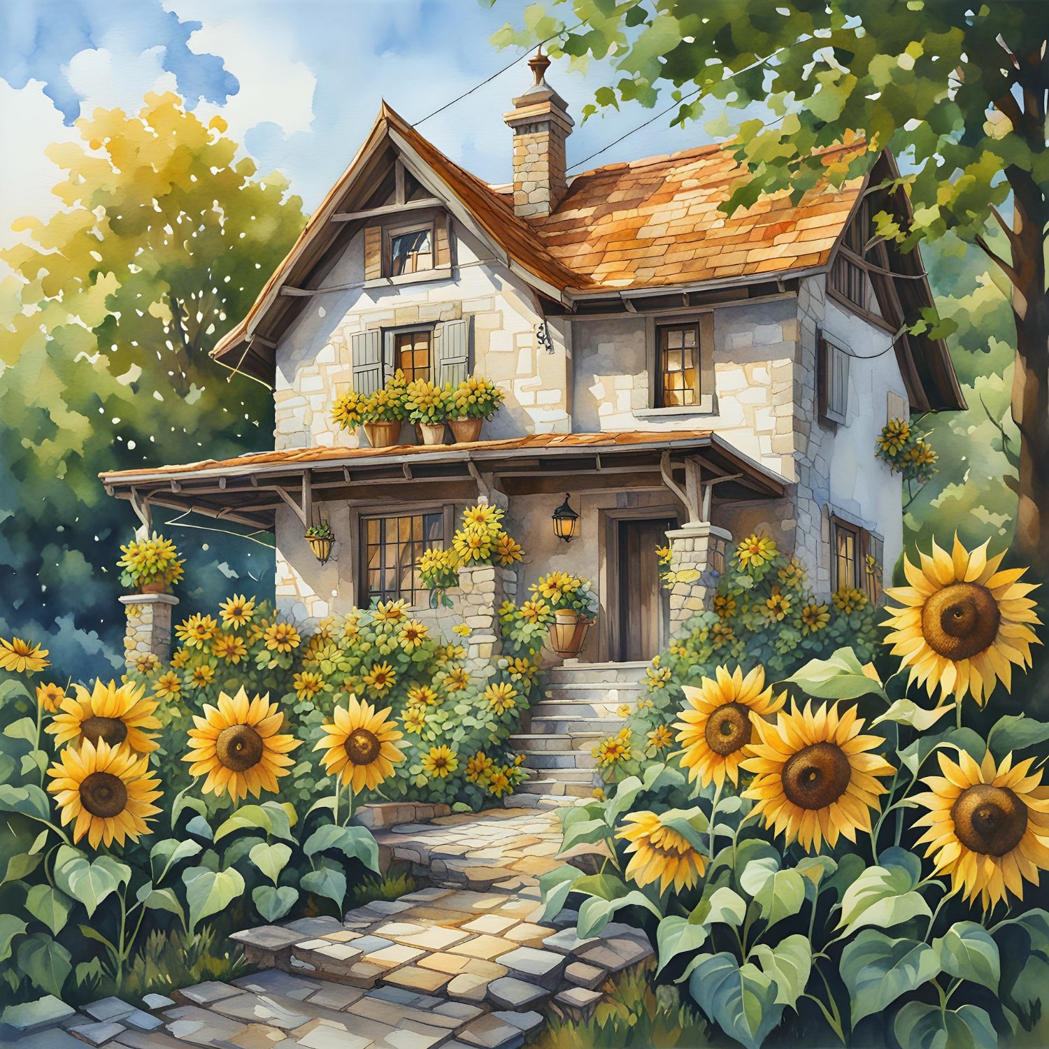 Solve Cottage and Sunflowers, resizable 9 to 600 pieces jigsaw puzzle ...