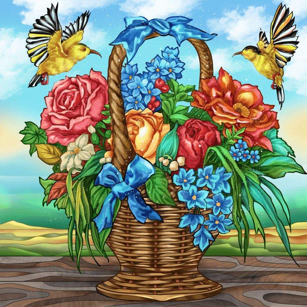 Solve PUZZLE - Birds Over Flower Basket jigsaw puzzle online with 81 pieces