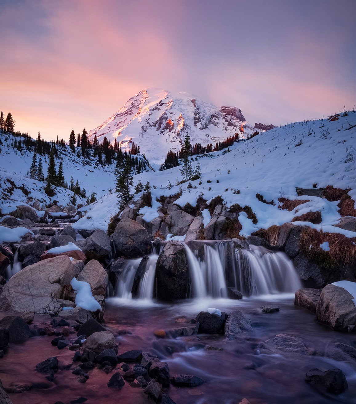 Solve Edith Creek waterfall and snow covered Mt Rainier seen from the ...