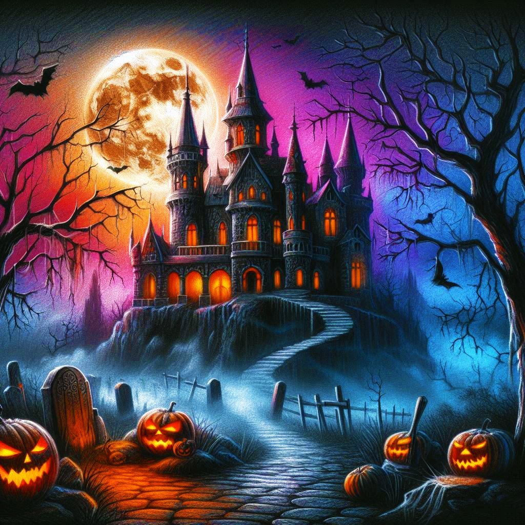Solve a scary looking castle near Halloween night jigsaw puzzle online with 64 pieces