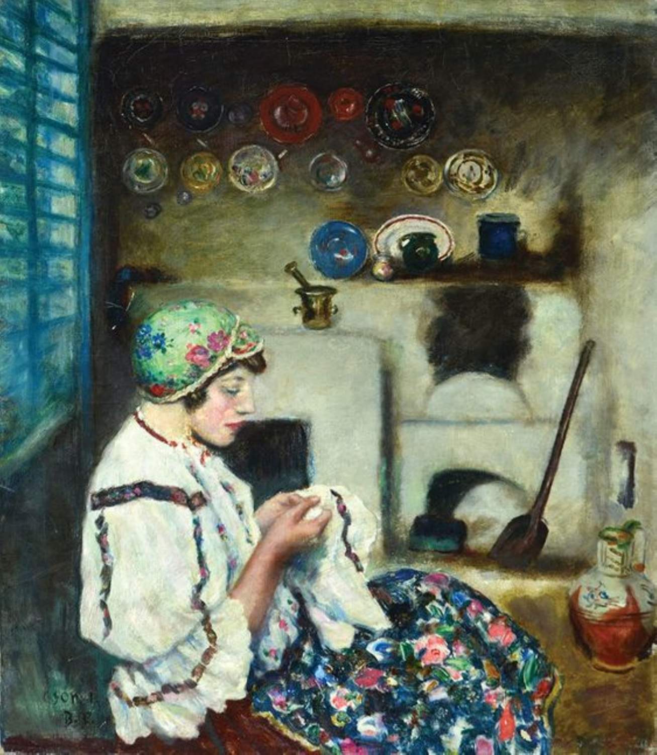 Solve Girl Sewing in the Kitchen ~István Csók (Hungarian, 1865-1961) jigsaw puzzle online with ...