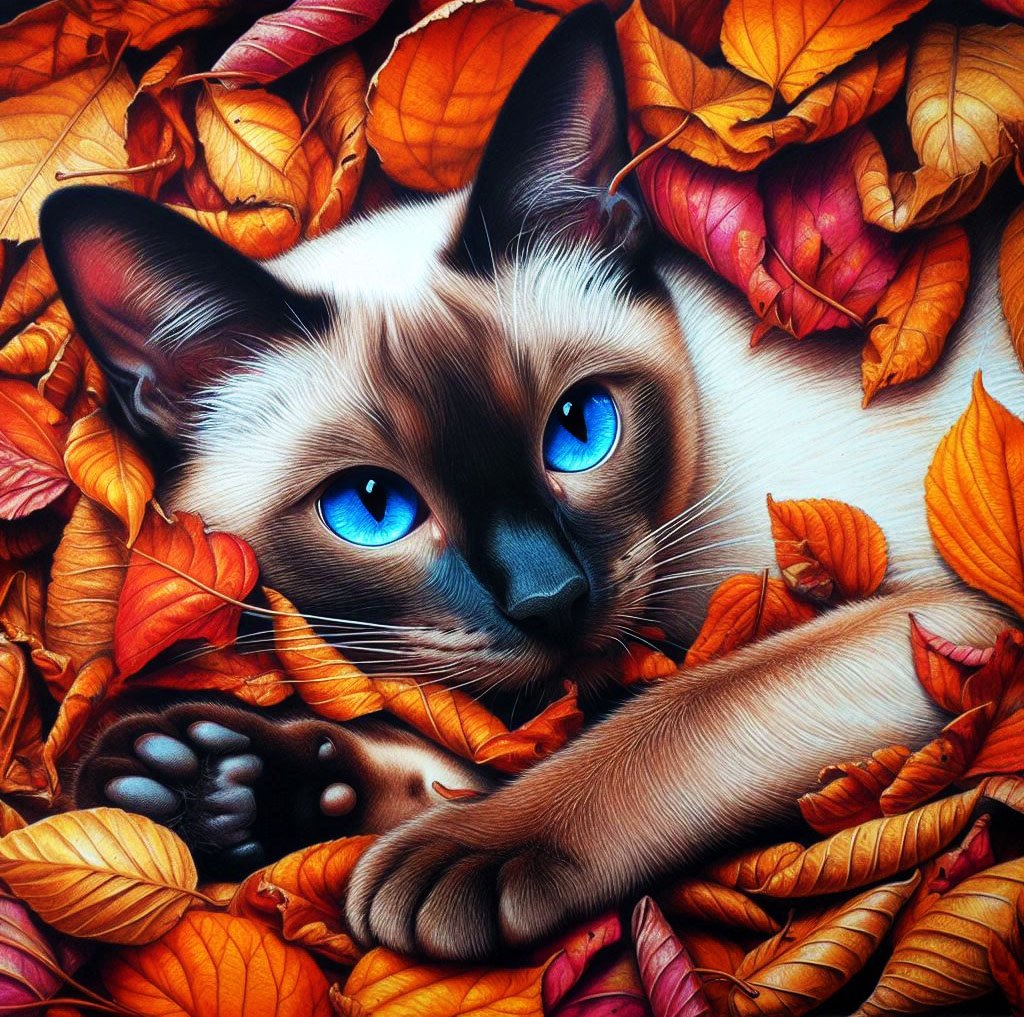 Solve Sinbad the handsome Siamese cat snuggling in the autumn leaves ...