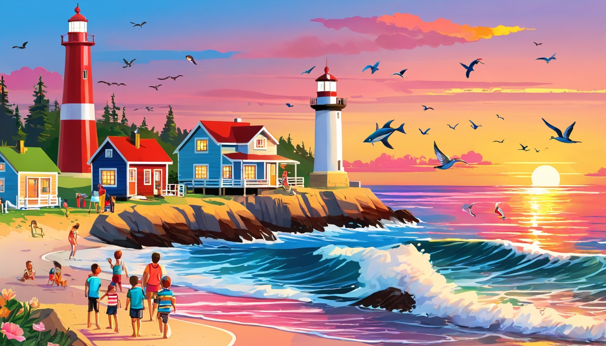 Jigsaw Puzzle | 66 pieces | Cabin, Sea, beach, lighthouse, mountain and ...