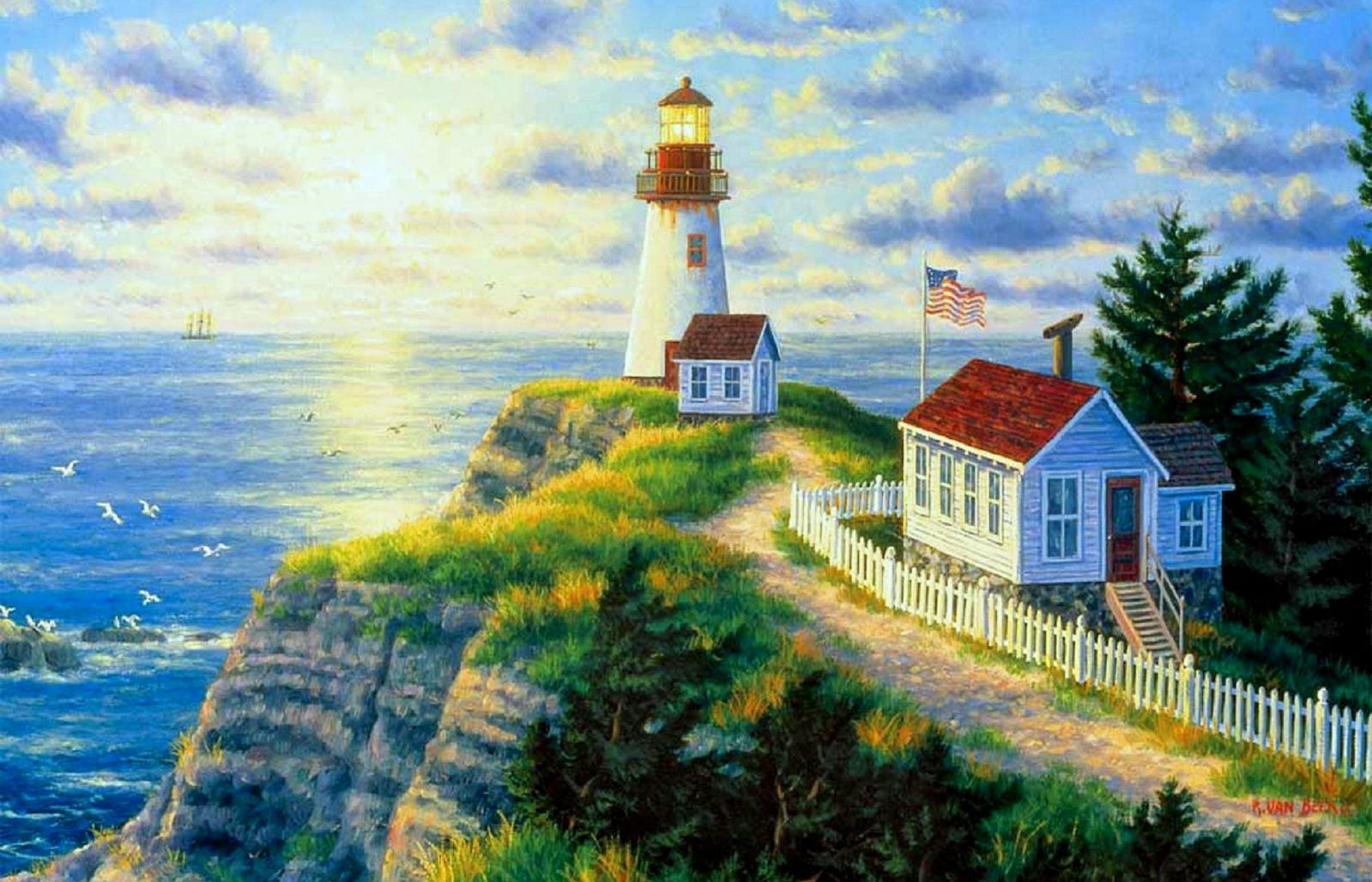 Solve lighthouses-sunrise-spring-paintings-love-seasons-sea-cottages ...