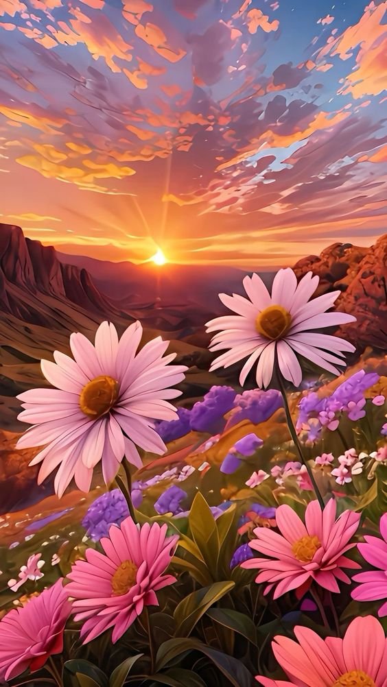 Solve Setting sun and spring flowers in the mountains jigsaw puzzle ...