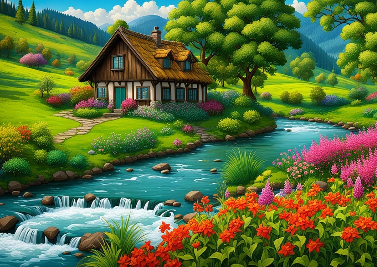 Solve Cottage by The Stream jigsaw puzzle online with 165 pieces