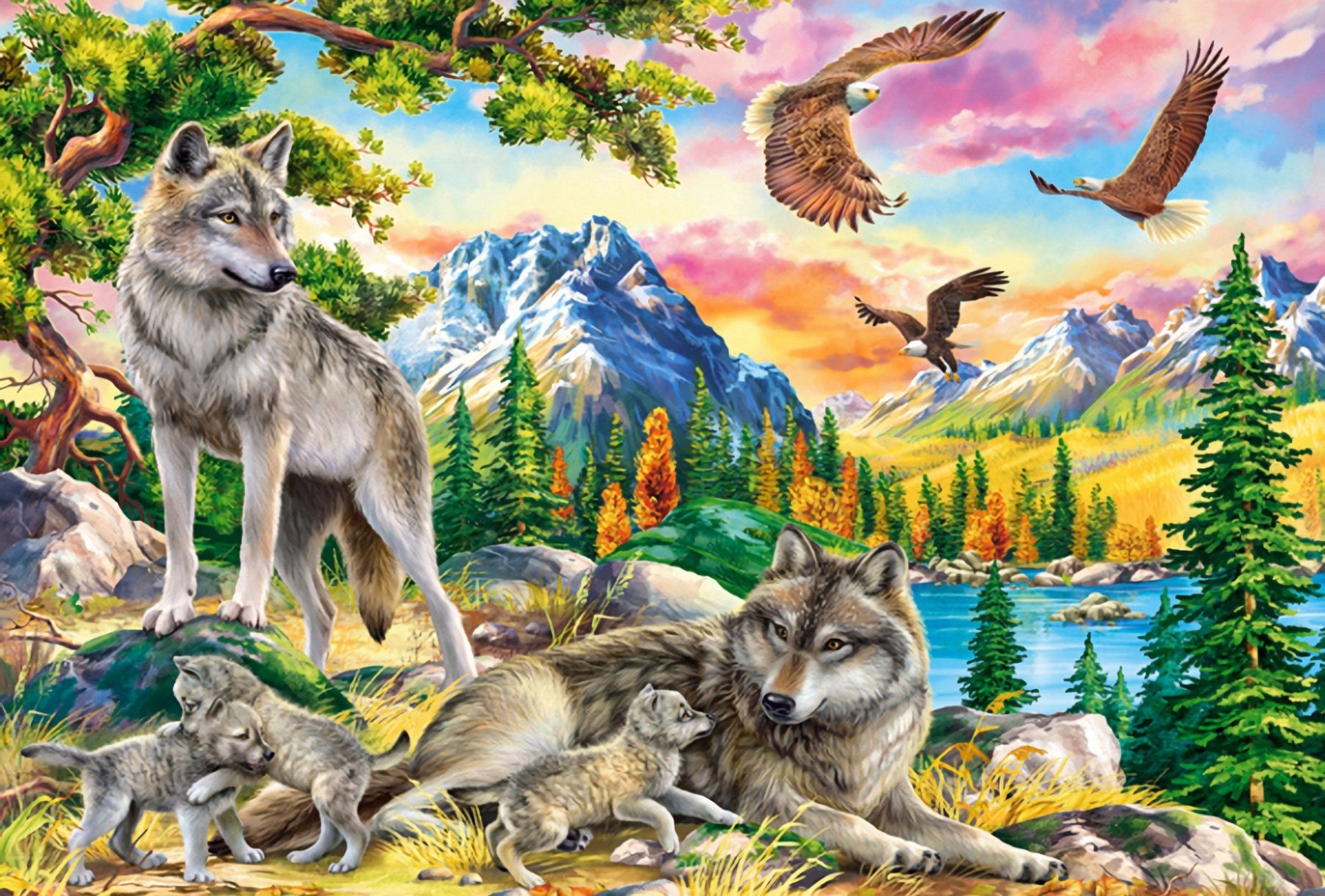 Solve PUZZLE - Wolf Family And Eagles jigsaw puzzle online with 77 pieces