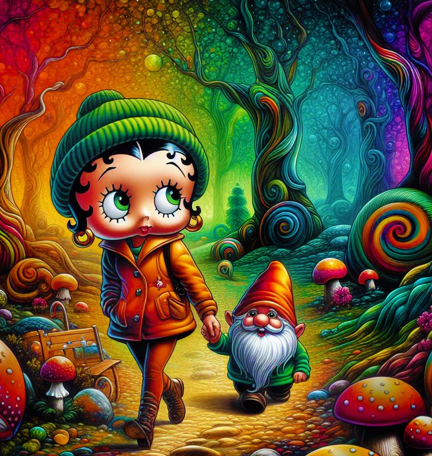 Solve Betty Boop & Freddie the gnome walking in the park jigsaw puzzle online with 72 pieces