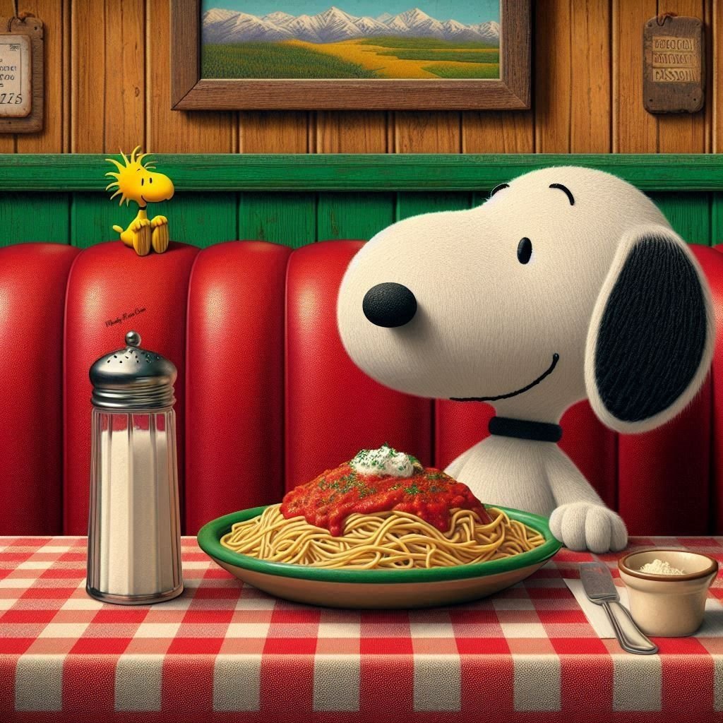 Solve National Spaghetti Day Snoopy jigsaw puzzle online with 64 pieces