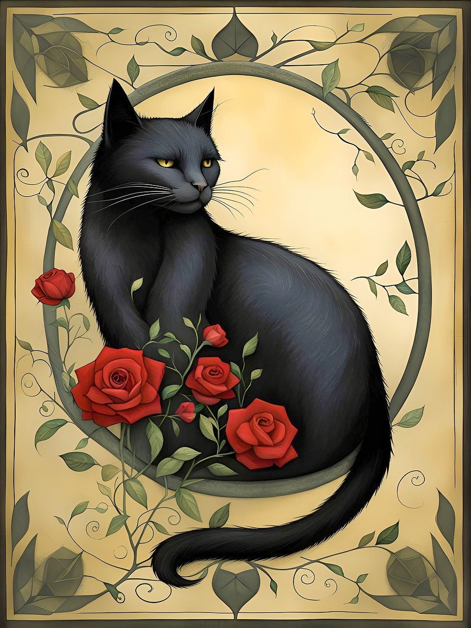 Solve Black Cat and Roses (resize 12 to 357 pieces) jigsaw puzzle ...