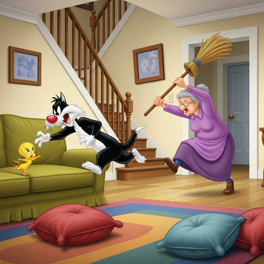 Solve Grandma chases Sylvester who wants to eat the terrified Tweety ...