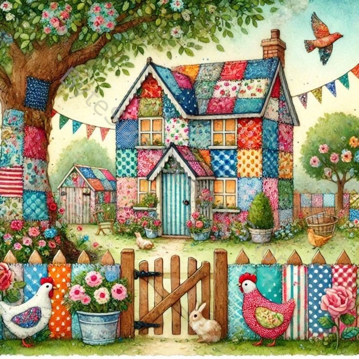 Solve Quilted Cottage jigsaw puzzle online with 64 pieces