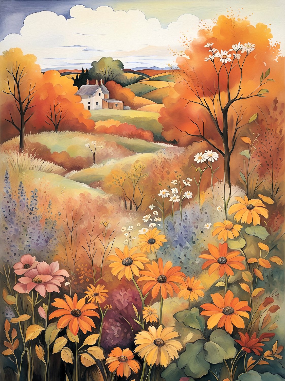 Solve Autumn Scenery flowers Farmhouse resize (12 to 500 pieces) jigsaw ...