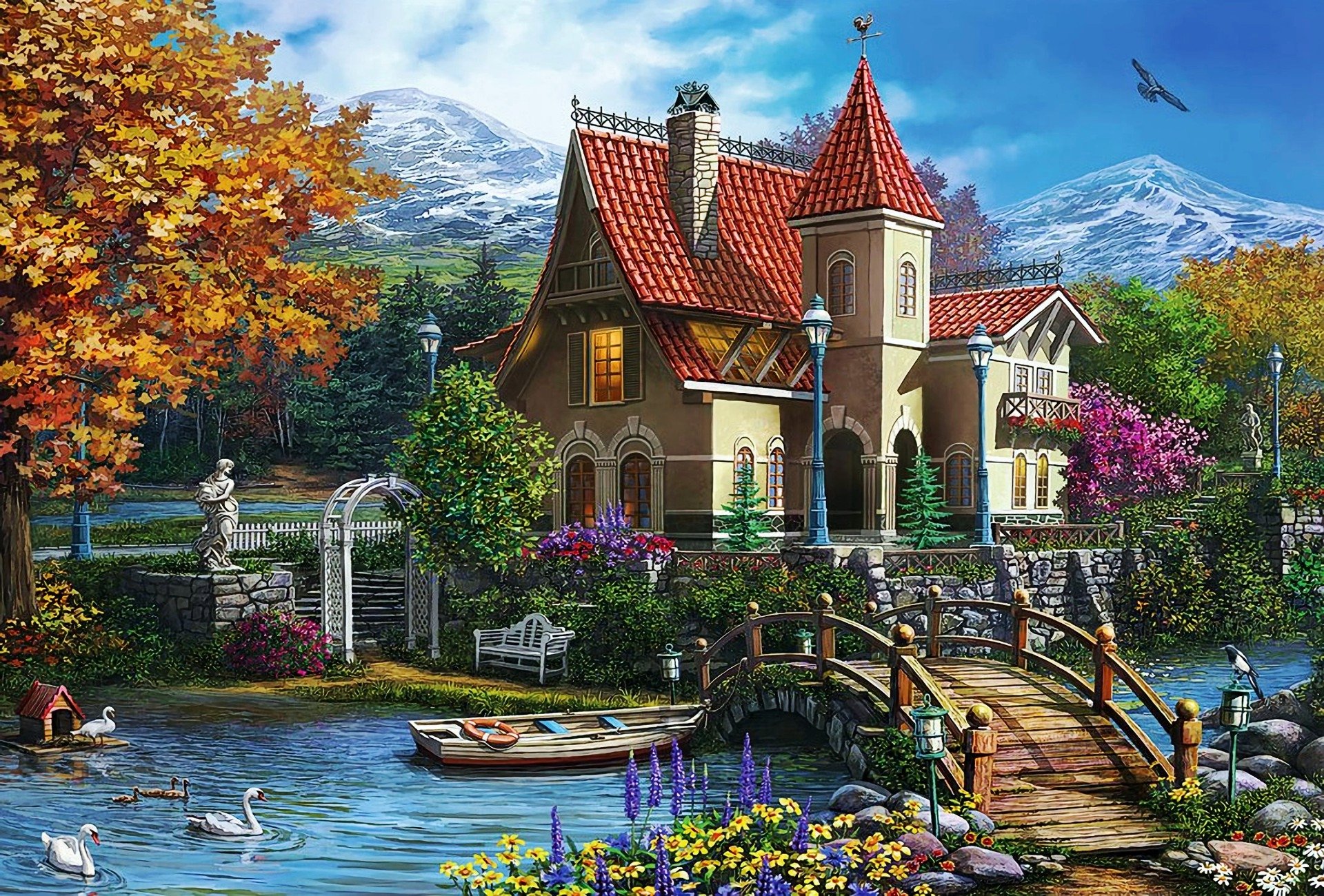 Solve PUZZLE - Mansion By The Lake jigsaw puzzle online with 77 pieces