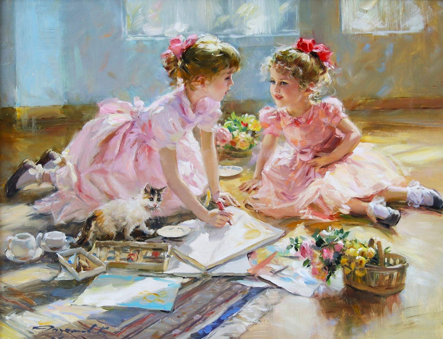 Solve Two Young Girls Drawing jigsaw puzzle online with 204 pieces