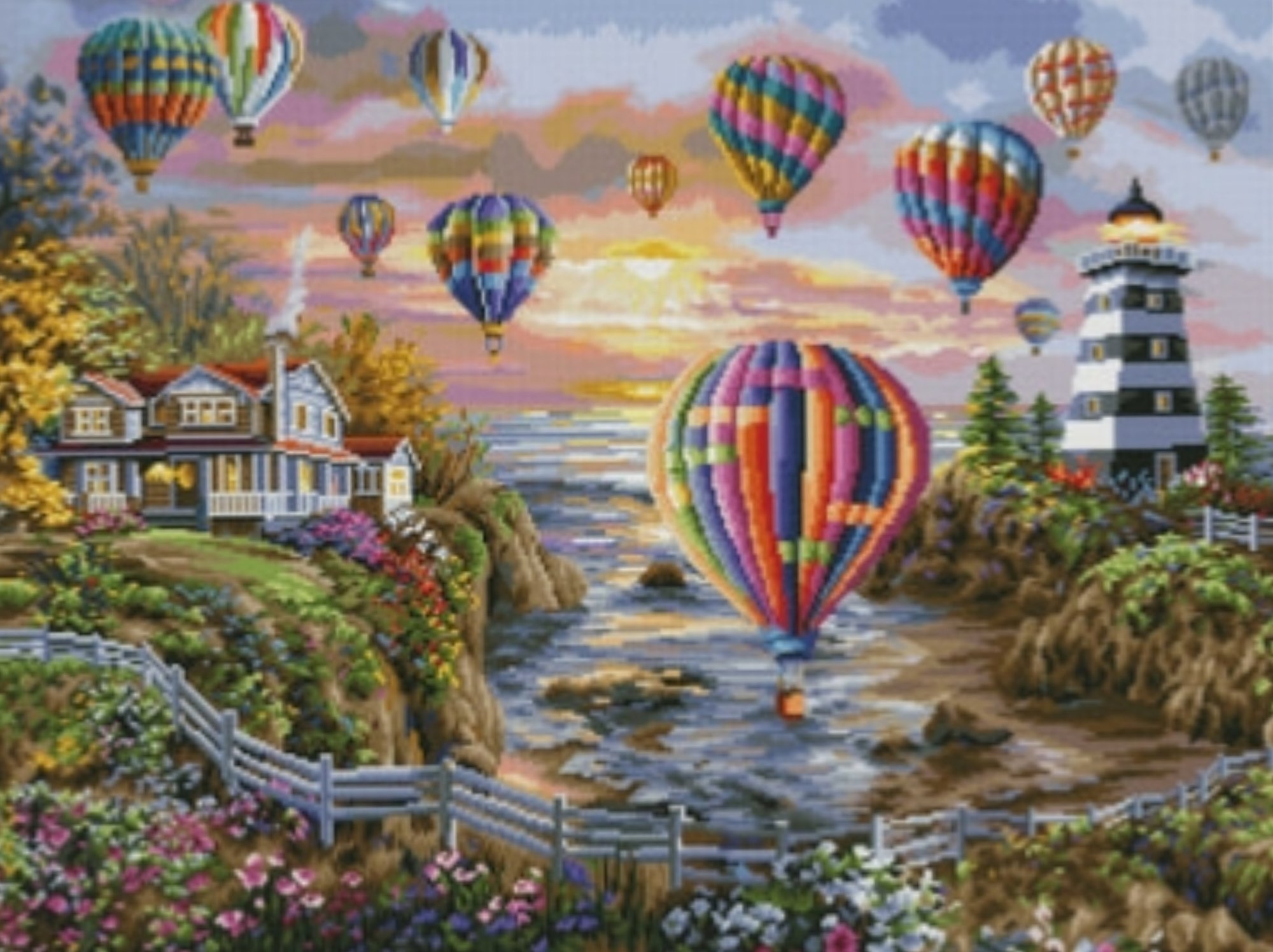 Jigsaw Puzzle | Balloons over cottage cove... | 130 pieces | Jigidi